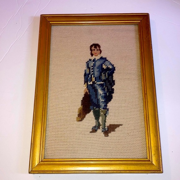 Vintage | Wall Decor | Vintage 97s Needlepoint Blue Boy Englishmen Gold ...